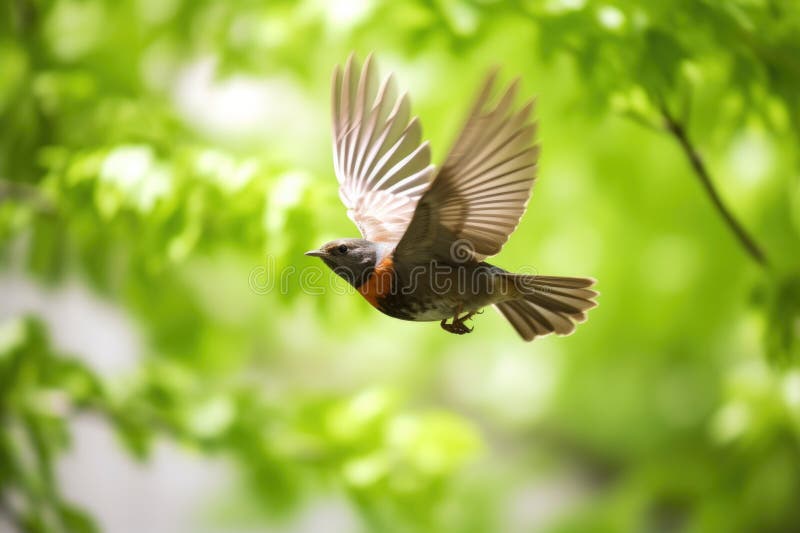 Redstart Bird in Mid-flight with Blurred Green Foliage in the ...