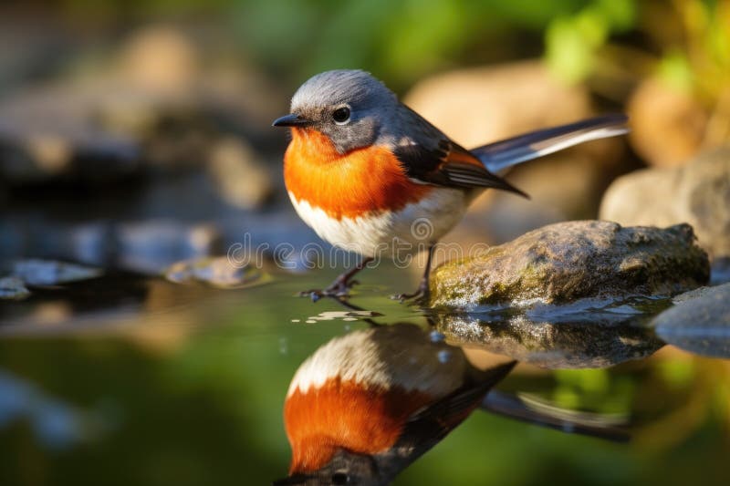 Redstart Bird Pecking Its Reflection in a Small Pond Stock Image ...
