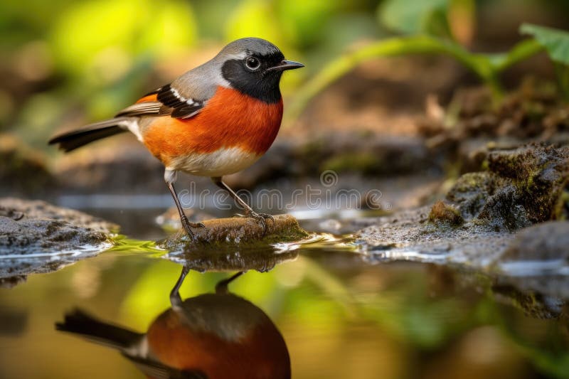 Redstart Bird Pecking Its Reflection in a Small Pond Stock Image ...