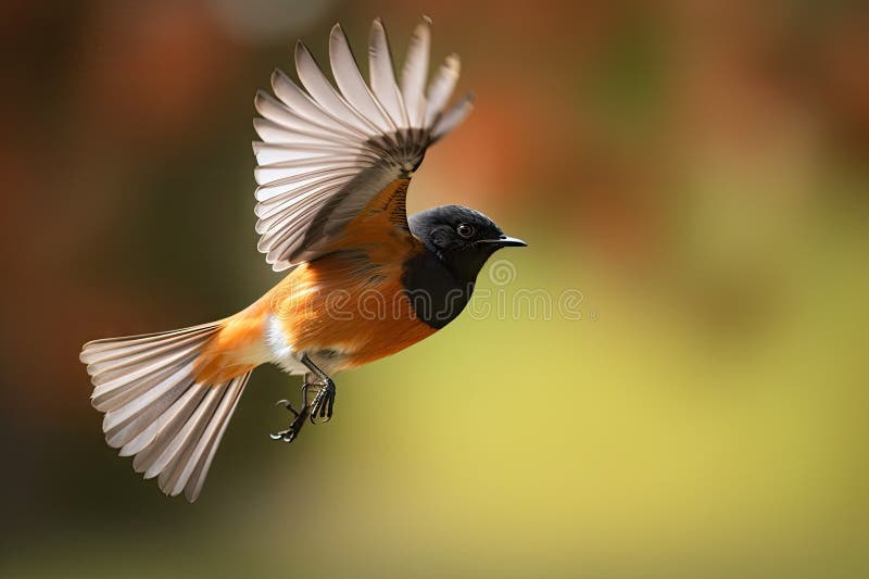 Redstart Flycatching in Mid-flight, Wings Fluttering Stock Image ...