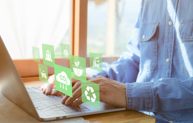 Reduce CO2 Emission Concept. Man Using Computer for Working Technology ...