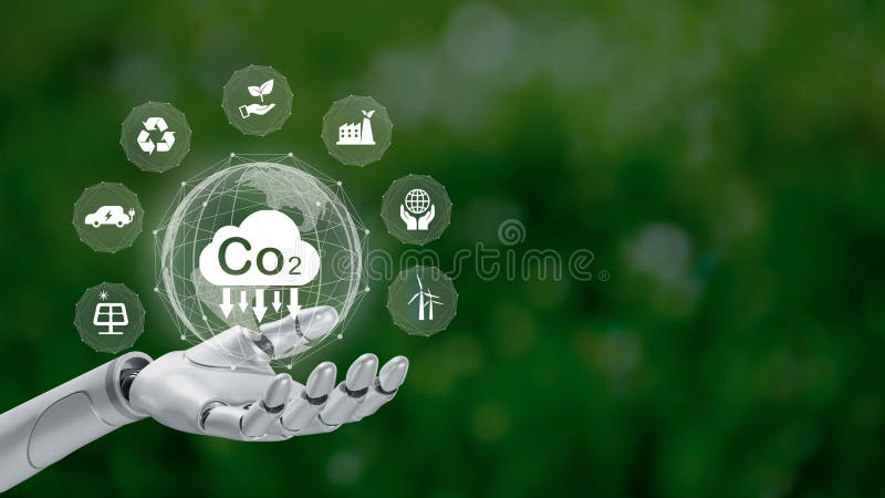 Reduce CO2 Emission Concept in the Robotic Hand with Icons, Global ...