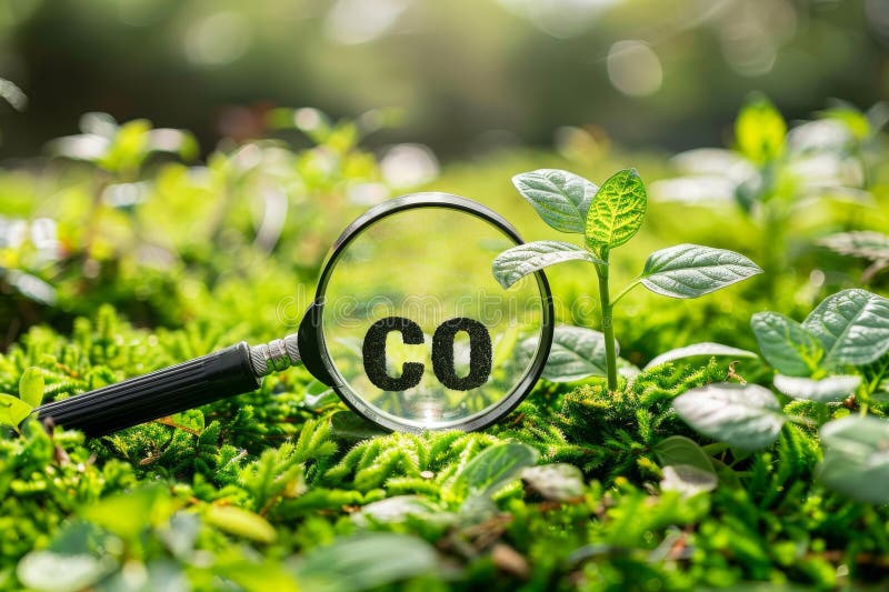 Reducing Co2 Emissions. Magnifying Glass - Green Background for Climate ...