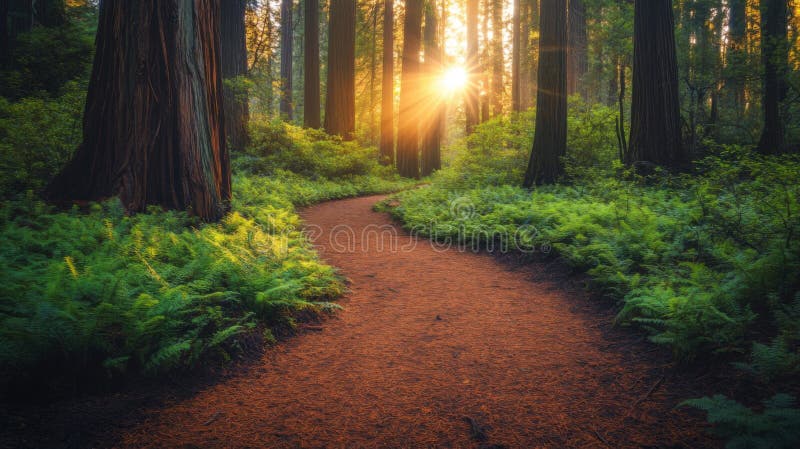Redwood Forest Path Sunset Golden Light Stock Illustration ...