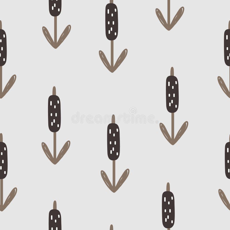 Reed, Cattail, Cane Doodle Hand Drawn Seamless Pattern in Scandinavian ...