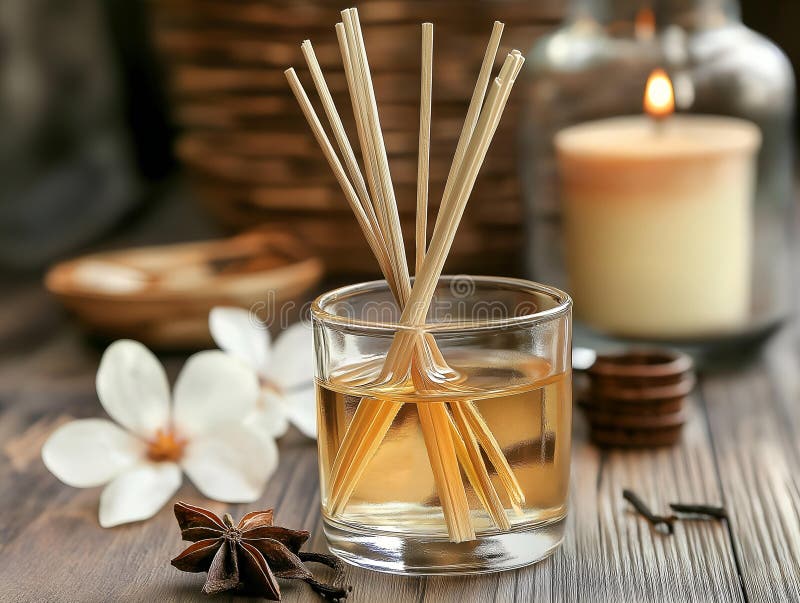 Reed Diffuser, Amber Liquid, Star Anise, Wooden Surface, Aromatic Scene ...