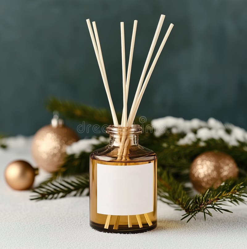 A Reed Diffuser Bottle Sits on a Table with Christmas Decorations ...