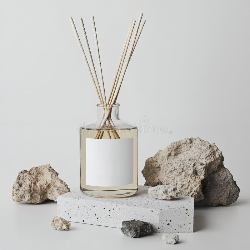 A Reed Diffuser Bottle with a White Label is among Rocks. Diffuser ...