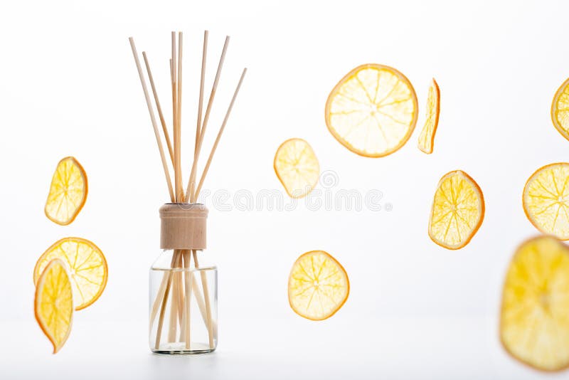 Reed Diffuser and Different Citrus Fruits on Table Stock Photo - Image ...