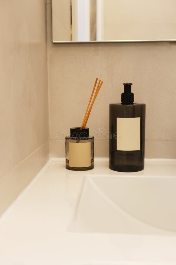 Reed Diffuser and Hand Soap Product Display Bathroom Background Stock ...