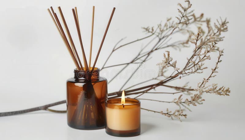 Aromatic Candles and Reed Diffuser with Dried Flowers on a Simple White ...
