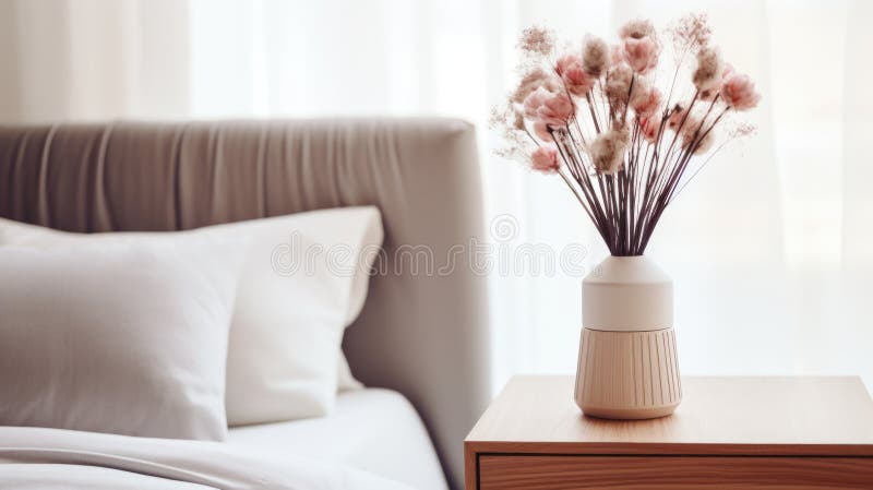 Reed Diffuser on Nightstand Near Bed in Room. Stock Photo - Image of ...