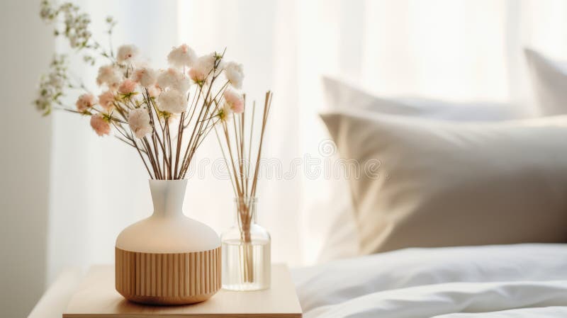 Reed Diffuser on Nightstand Near Bed in Room. Stock Image - Image of ...