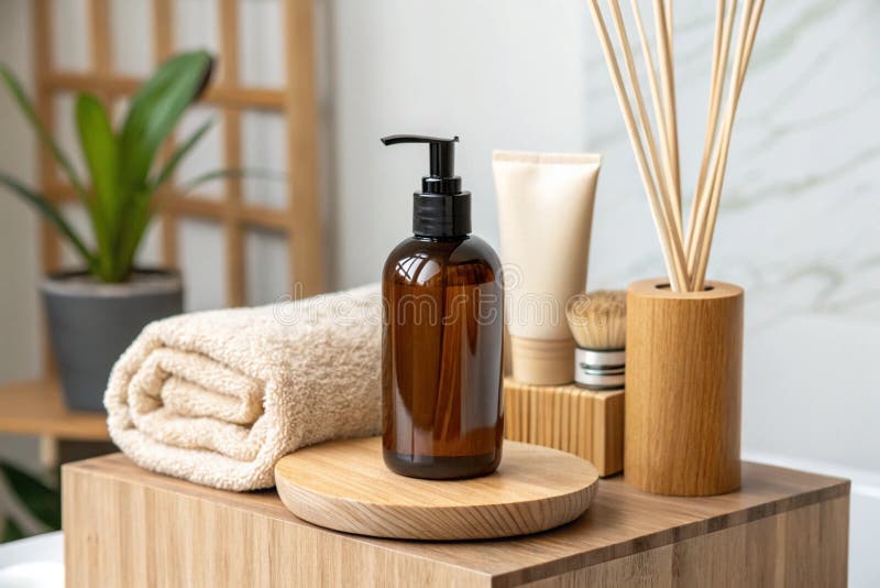 Reed Diffusers and Folded Towel on Wooden Podium Stock Illustration ...