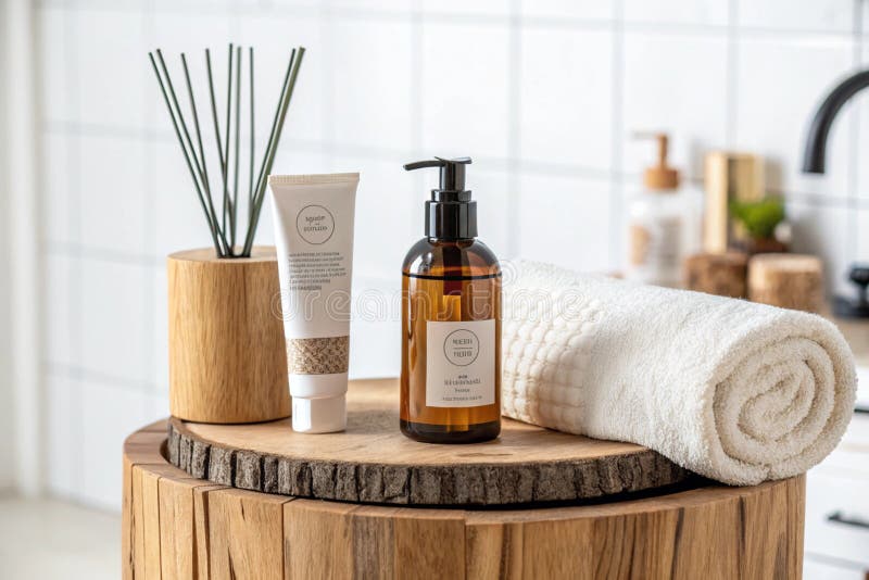 Reed Diffusers and Folded Towel on Wooden Podium Stock Illustration ...