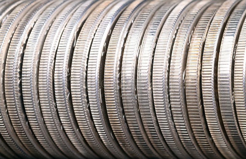 Reeded Edges of Silver Coins in a Row, Close-up, from Above Stock Photo ...