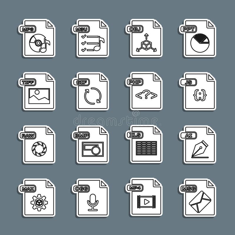 Reeks Lijn Msg Dossierdocument Ai Js Obj Gif Tiff Mp3 En Php Pictogram. Vector Vector ...
