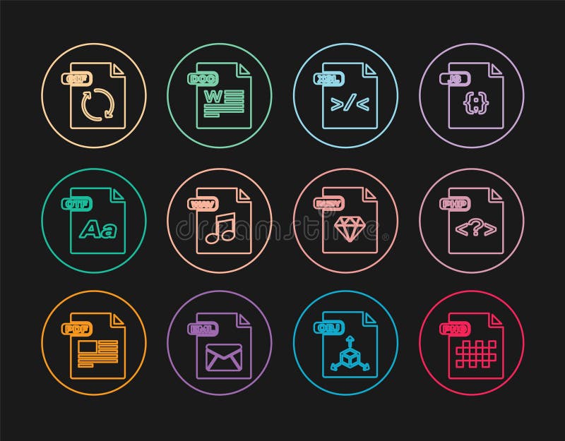 Reeks Lijn Png Dossierdocument Php Xsl Wav Otf Gif Ruby En Doc Pictogram. Vector Stock ...