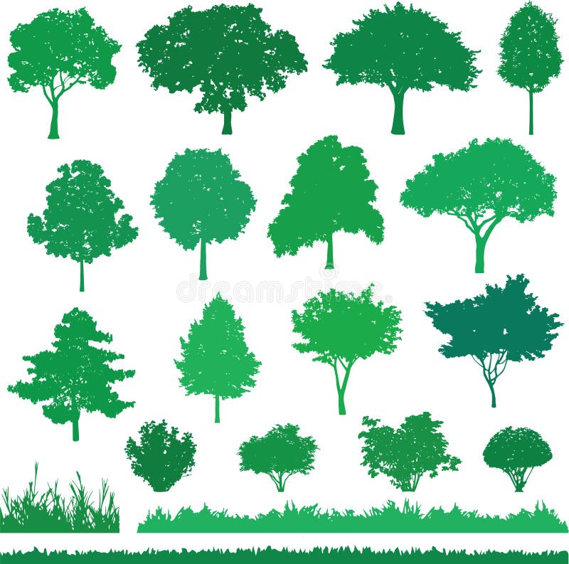 Reeks Van Groen Boom, Struik En Gras Vector Illustratie - Illustration ...