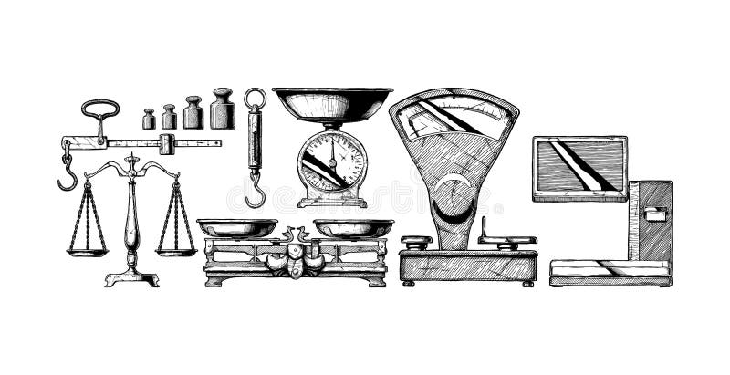 Reeks weegschaal vector illustratie. Illustration of schets - 116030836