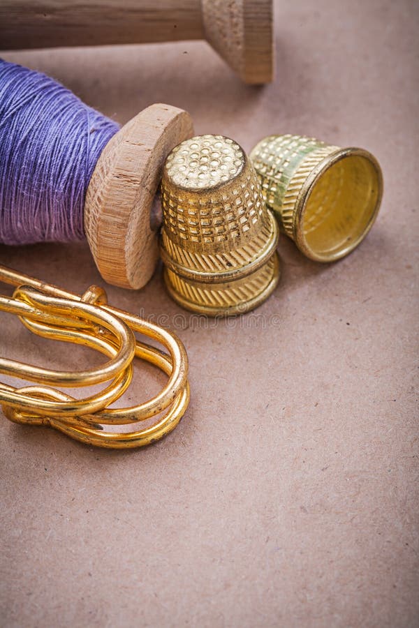Reels of Sewing Threads Thimbles Safety Pins on Vintage Backgrou Stock ...