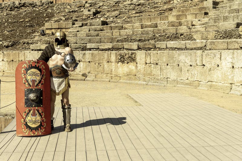 Roman Gladiator Reenactor in Merida Amphitheater Editorial Photo ...