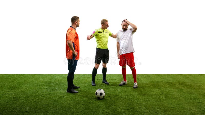 Referee Standing between Two Arguing Man, Soccer Players from Opposite ...