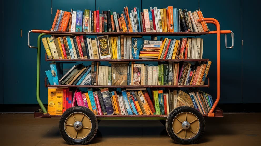 Reference book trolley stock illustration. Illustration of shelves ...