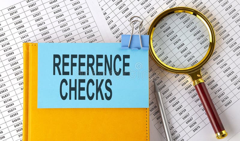 REFERENCE CHECKS Text on Sticker on Notebook with Magnifier and Chart ...