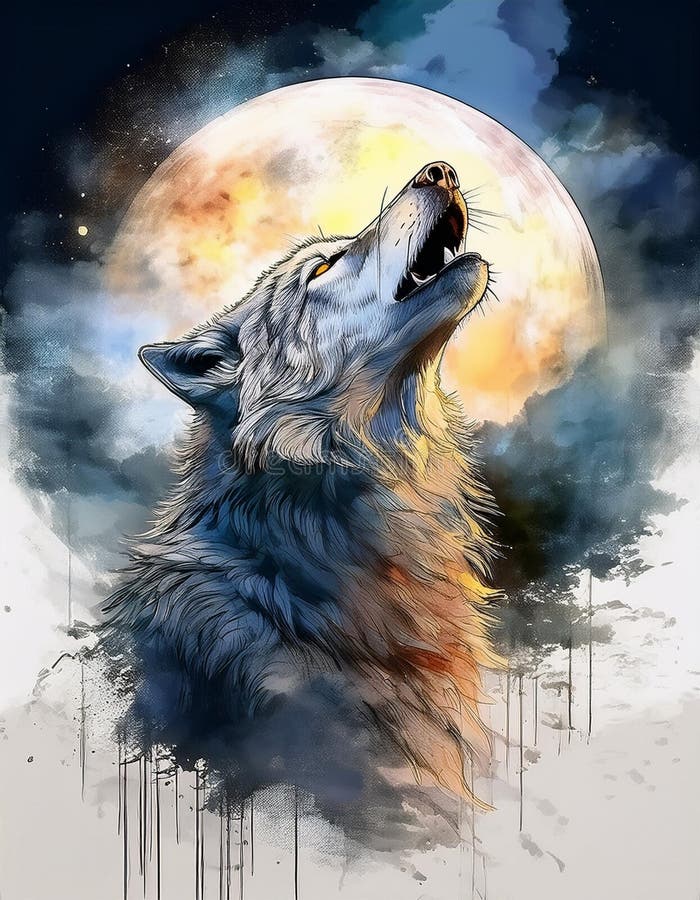 Wolf Howling at the Full Moon Stock Illustration - Illustration of ...
