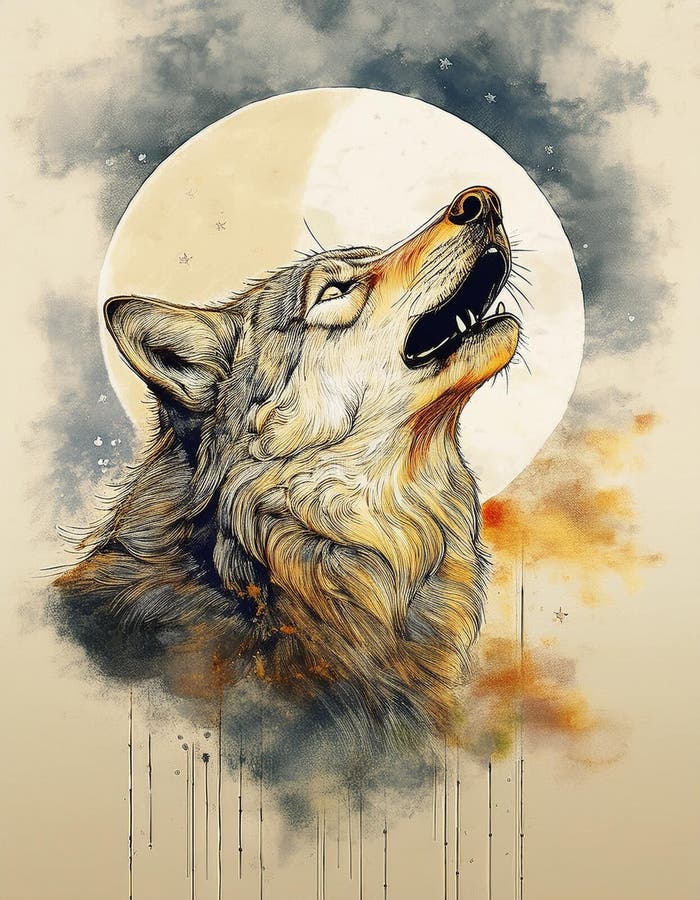 Wolf Howling at the Full Moon Stock Illustration - Illustration of ...