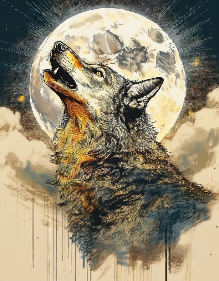 Wolf Howling at the Full Moon Stock Illustration - Illustration of ...