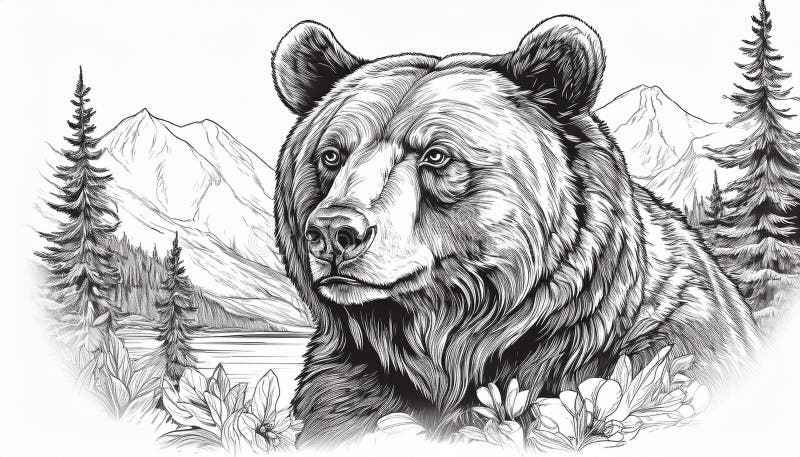 Bear in wilderness drawing stock illustration. Illustration of bear ...