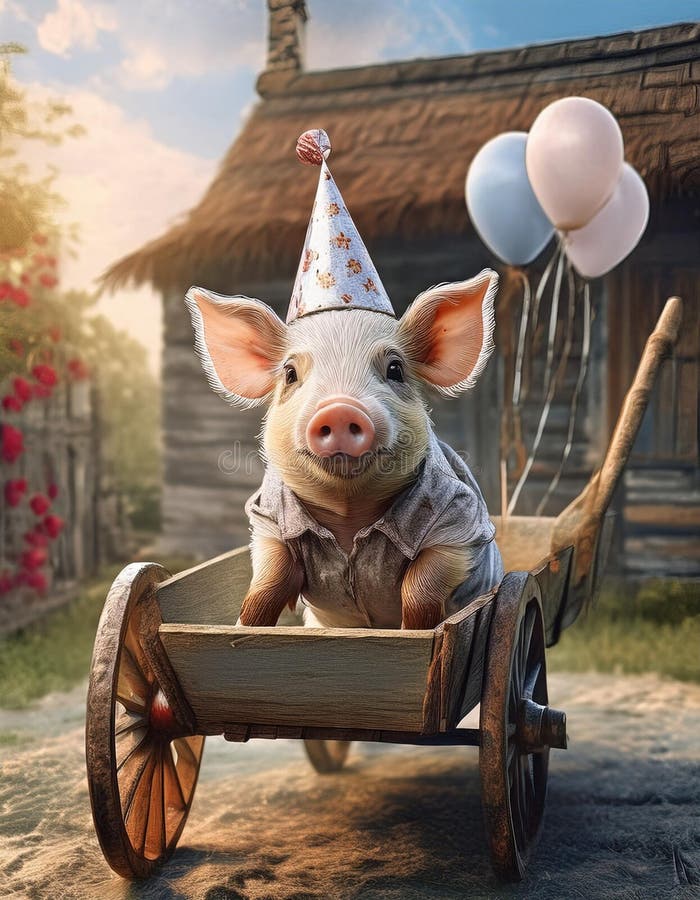 Birthday Piglet in a Wagon with Balloons Stock Photo - Image of ...