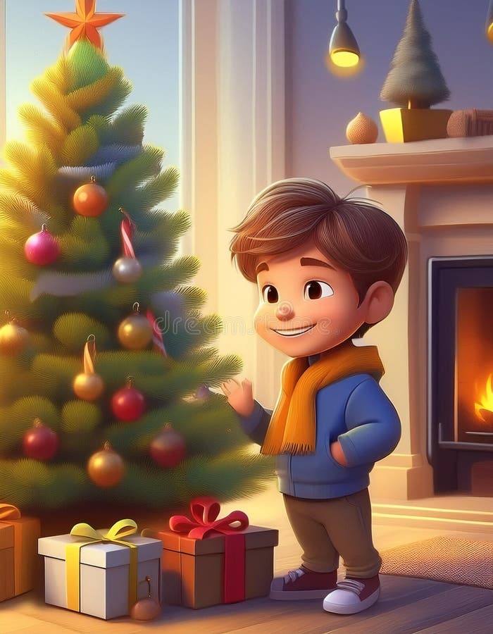 Child by the Christmas Tree Cartoon Stock Photo - Image of christmas, tree: 340014520