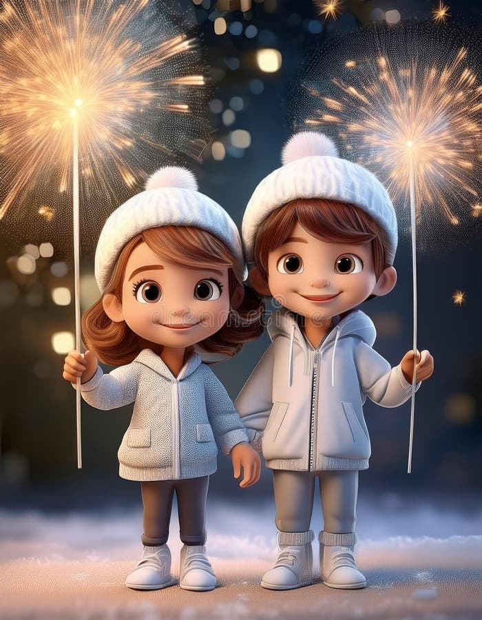 Child with Fireworks on New Years Party Cartoon Stock Image - Image of ...
