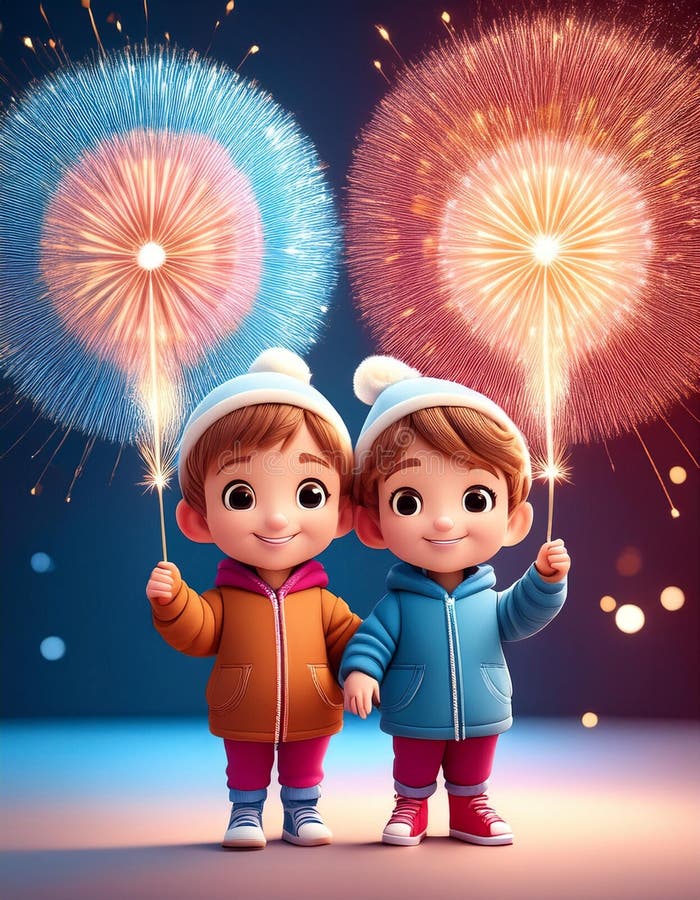 Child with Fireworks on New Years Party Cartoon Stock Image - Image of ...