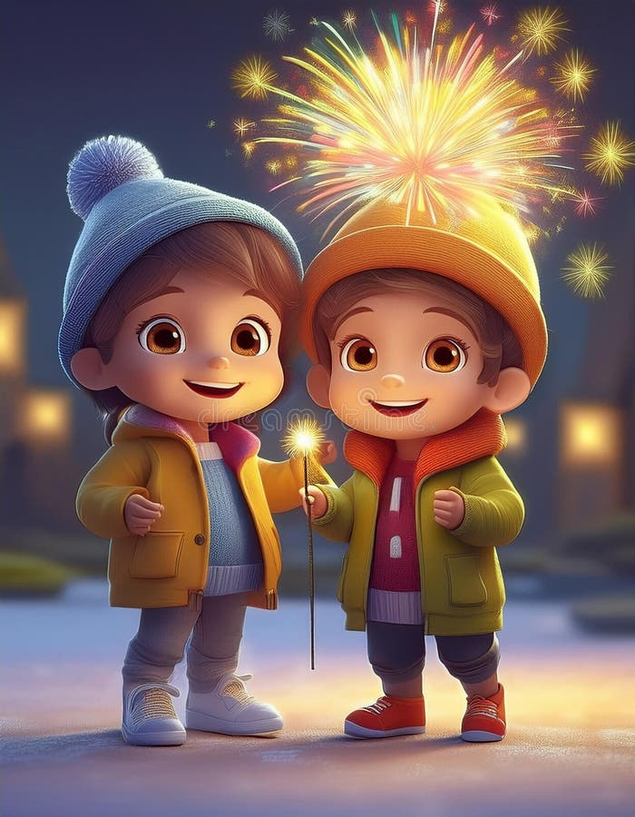 Child with Fireworks on New Years Party Cartoon Stock Image - Image of ...