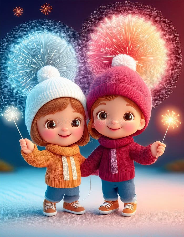 Child with Fireworks on New Years Party Cartoon Stock Image - Image of ...