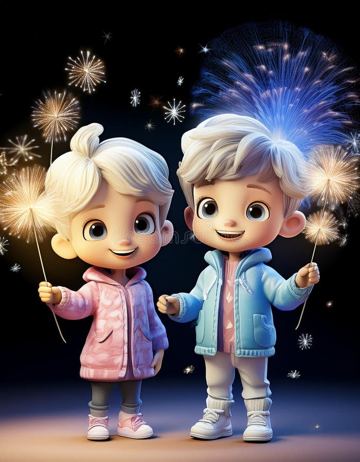 Child with Fireworks on New Years Party Cartoon Stock Photo - Image of ...