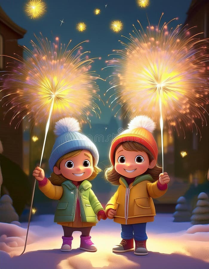 Child with Fireworks on New Years Party Cartoon Stock Image - Image of ...