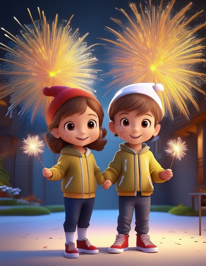 Child with Fireworks on New Years Party Cartoon Stock Photo - Image of ...