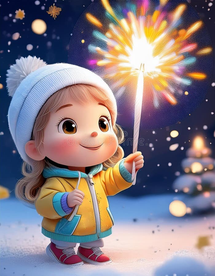 Child with Fireworks on New Years Party Cartoon Stock Photo - Image of ...