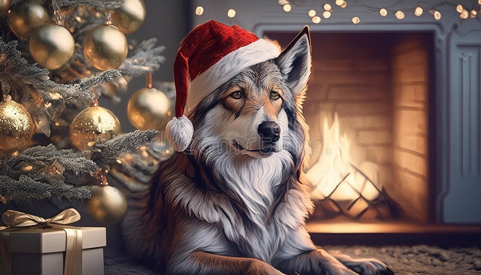 Christmas wolf dog cartoon stock image. Image of mammal - 340329695