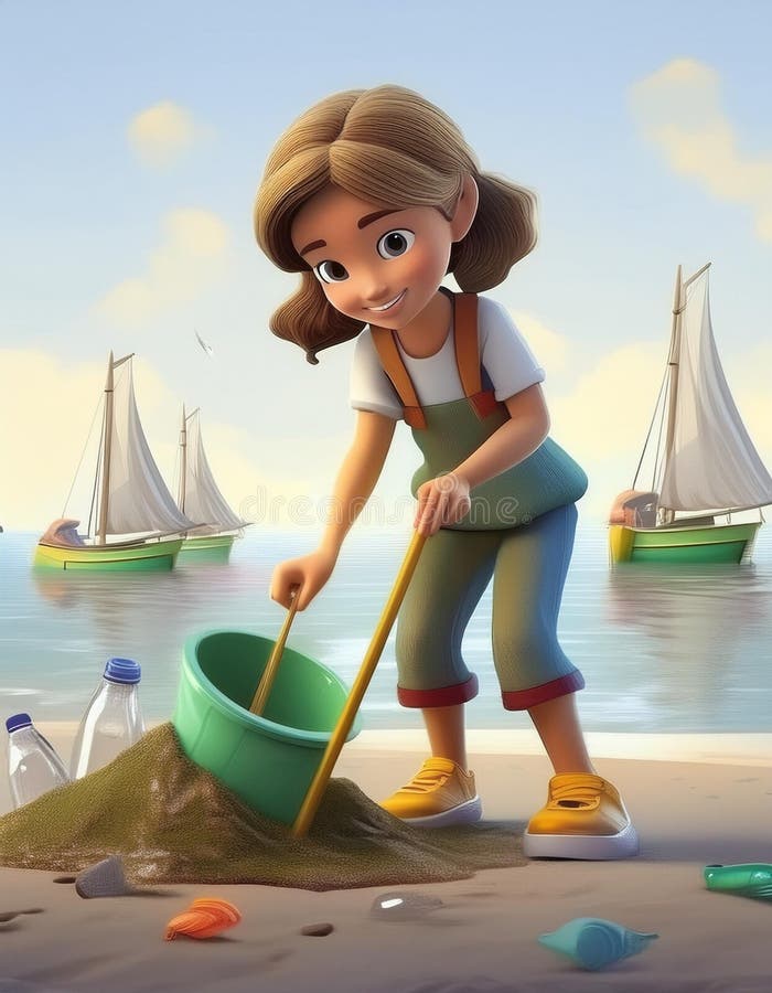 Child Cleaning Beach Cartoon Stock Image - Image of clean, girl: 340367937