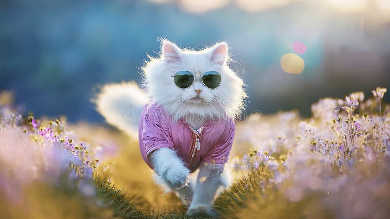 Sunlit Sprint: Stylish Cat in a Flower Field AI Generated Stock ...