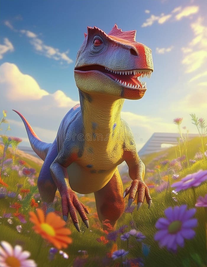 T-rex Dinosaur in Field with Flowers Cartoon Stock Photo - Image of meadow, flowers: 341073082