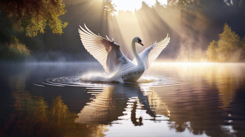 Serene Swan Reflected in Morning Light Stock Photo - Image of mist ...