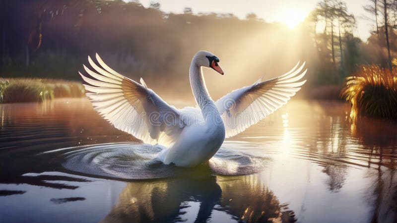 Serene Swan Reflected in Morning Light Stock Photo - Image of ...