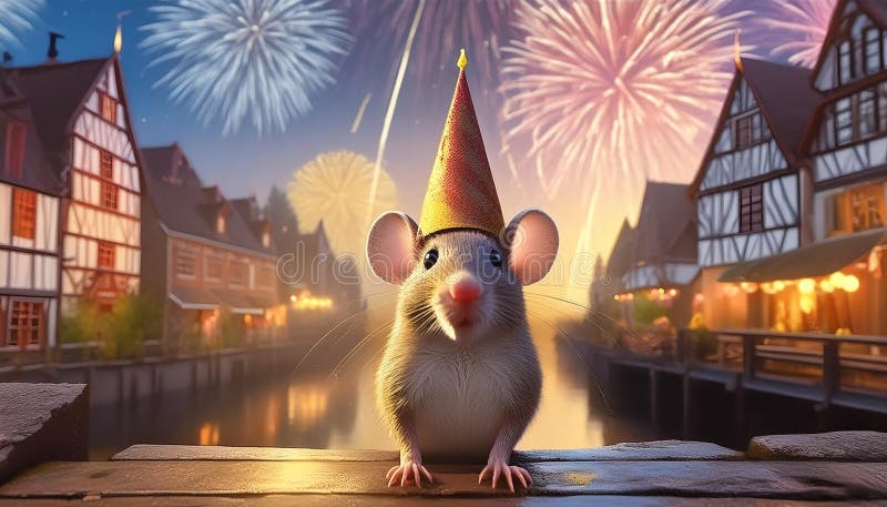 Mouse New Year Party with Fireworks Cartoon Stock Illustration ...